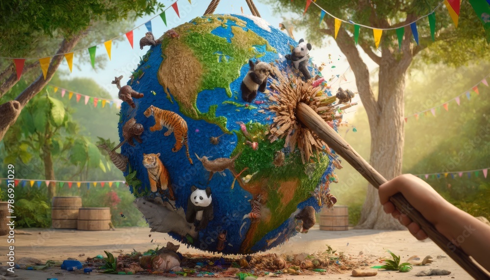 The Earth depicted as a pinata being hit with a stick, with endangered ...