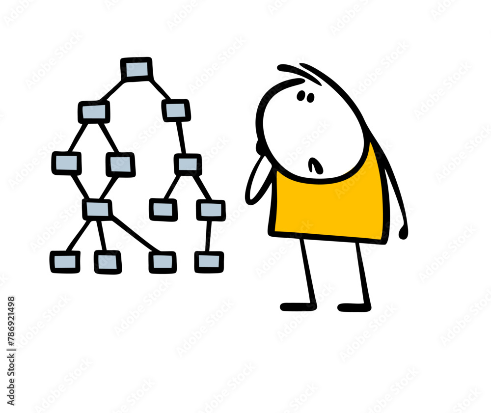Confused stickman looks at a complex diagram. Vector illustration of a ...