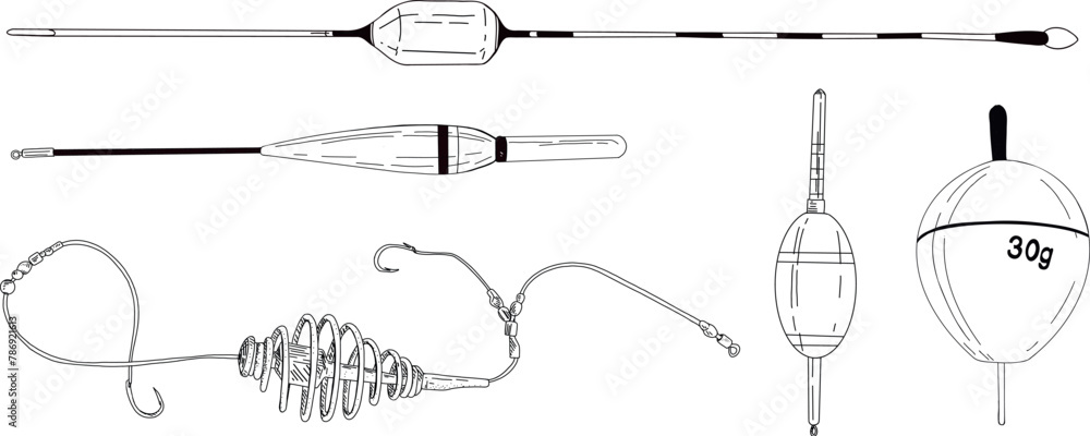 Fishing float bobber feeder vector illustration tackle set. Bait minnow ...