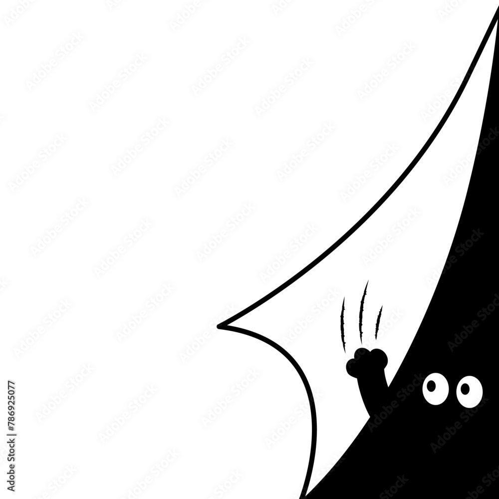 Curled paper corner. Cat eyes face, paws scratching fold page corners ...