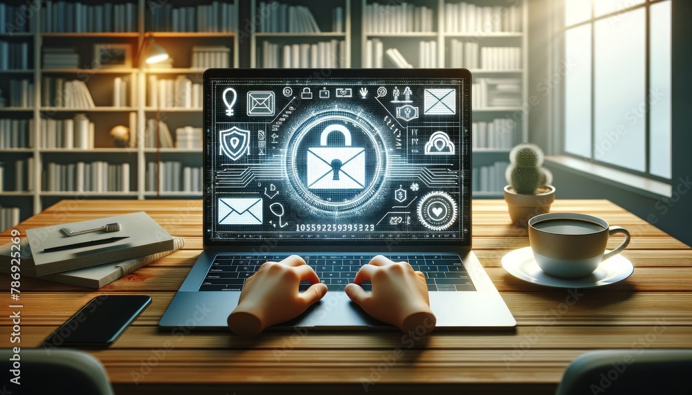 A detailed visualization of a secure email being composed on a laptop ...