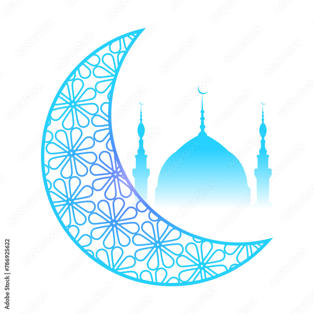 Vector illustration of Islamic crescent moon with Islamic mosque on ...