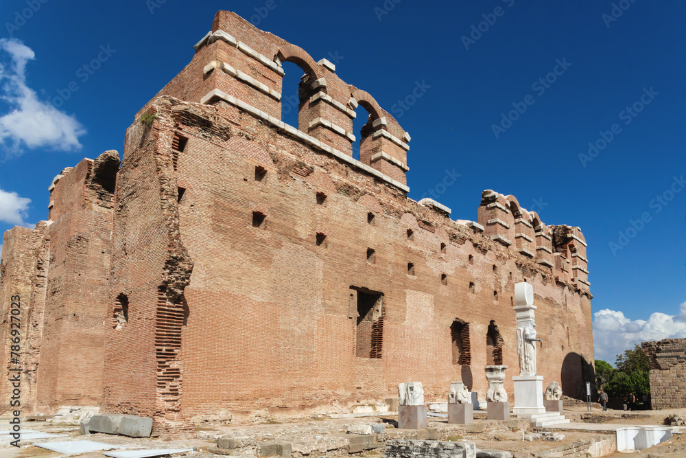 Red Basilica ruins in Bergama, clear sky, ancient Roman architecture ...