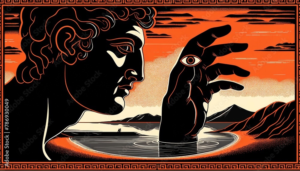 An ancient Greek cyclops is portrayed by the shore, touching the water ...