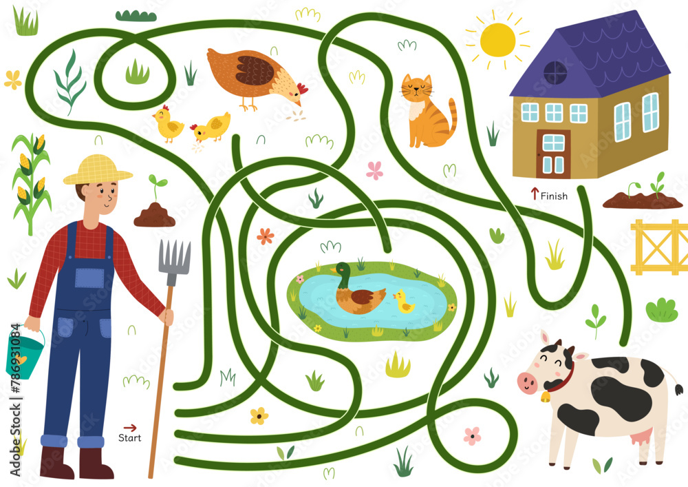 Help farmer to find a way to the house. Farm maze activity for kids ...