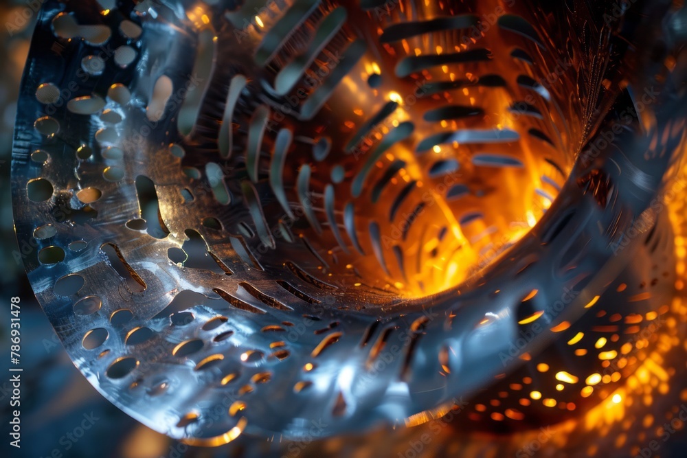 Abstract metal sculpture illuminated by a contained flame, capturing ...