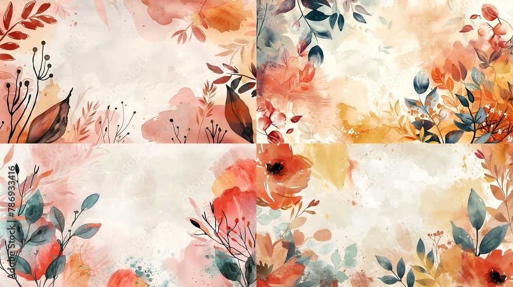 Autumn watercolor background with flowers and botanical leaves applied ...