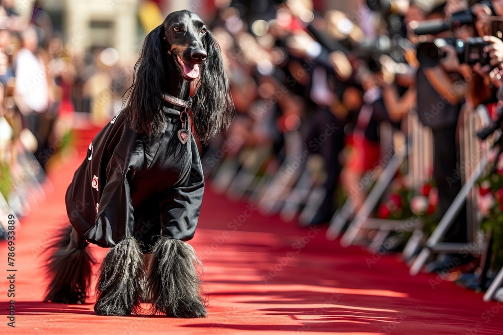 An Afghanhound in a tuxedo-ninja outfit striking a pose on a red carpet ...