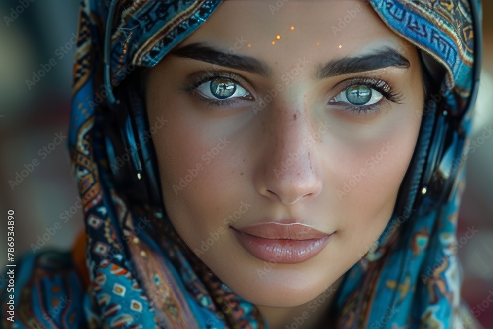 Blue-eyed Muslim girl in hijab listening to a podcast or music on ...