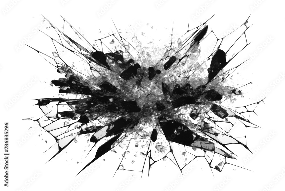 Black shattered glass exploding on empty transparent background ...