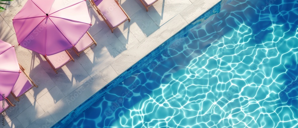 The top view of a swimming pool with a beach umbrella and chairs. A ...