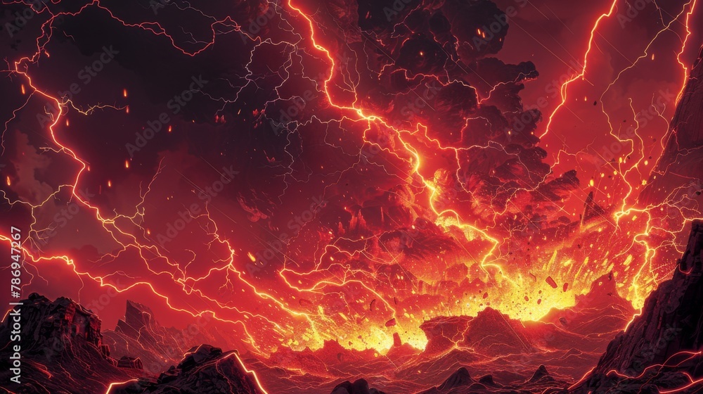 A dramatic display of volcanic lightning, with intense bolts of ...