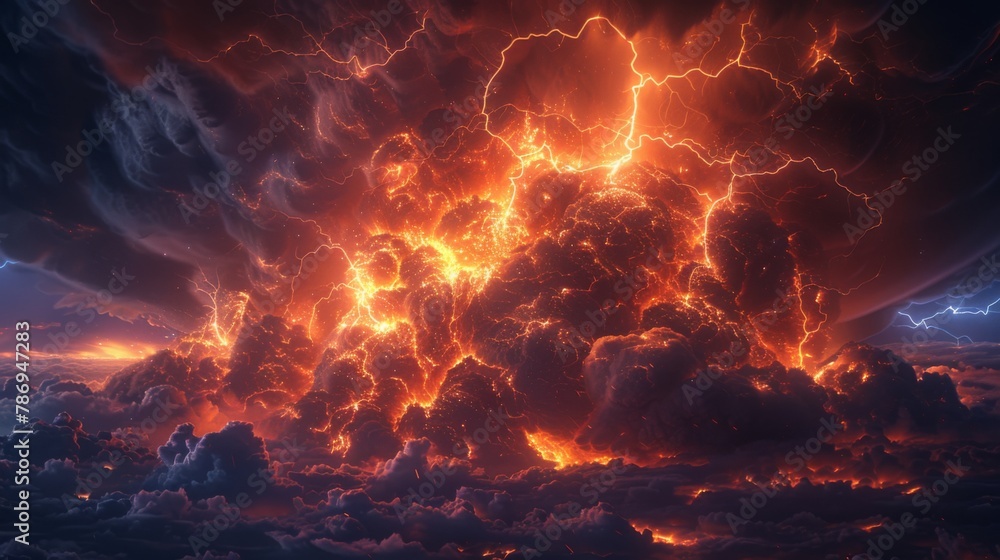A dramatic display of volcanic lightning, with intense bolts of ...