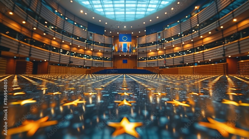 Low angle view of a modern meeting room inside the European Parliament ...