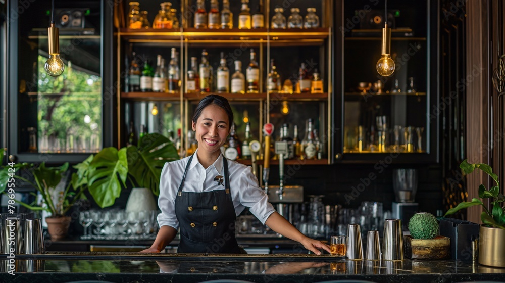 Smiling asian female bartender in a hotel uniform at the bar counter ...