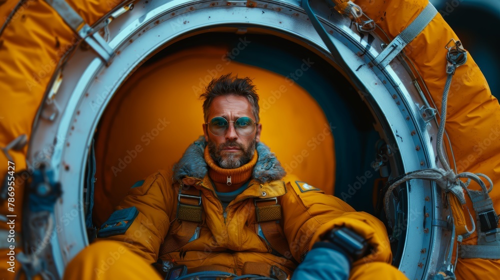 Dramatic Portrait Of A Man Dressed In A Yellow Space Suit Sitting