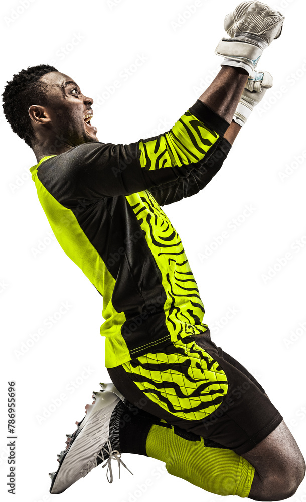 Young African man, football player, goalkeeper sitting on knees and ...