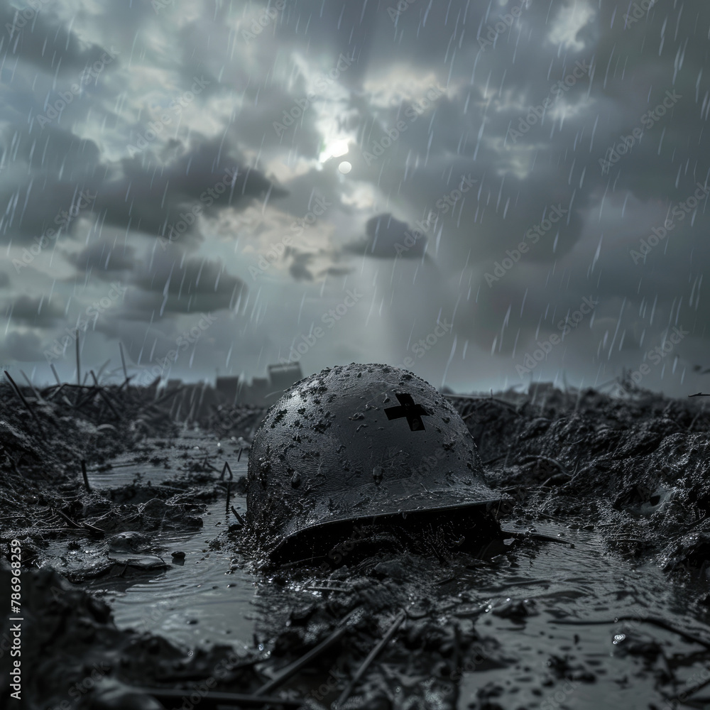 single upside down German Pickelhaube stuck in mud trenches under a ...