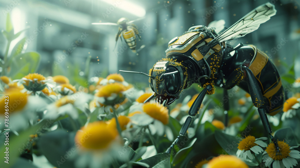 Robotic bees deeply engaged in pollen collection among a field of ...