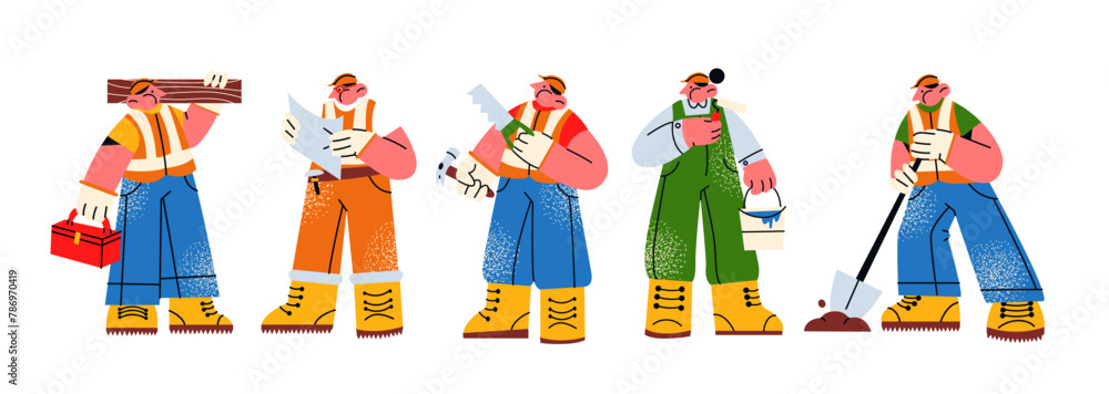 Characters builders workers in helmets. Cartoon repair service workers ...