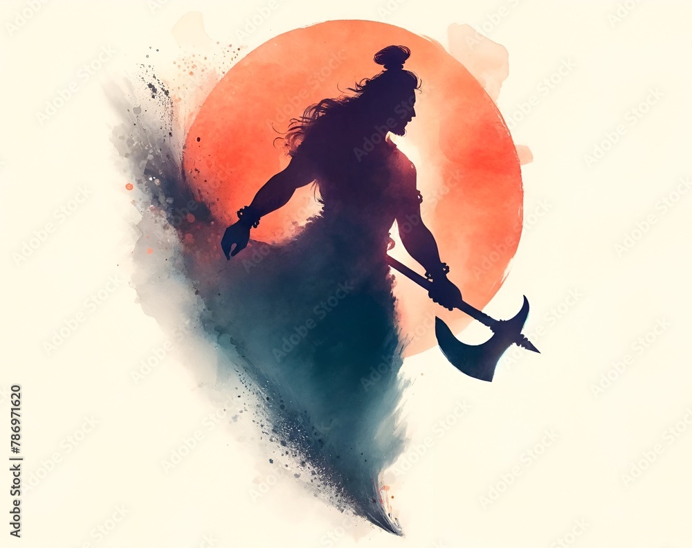 Watercolor illustration of lord parshuram silhouette with a axe for ...