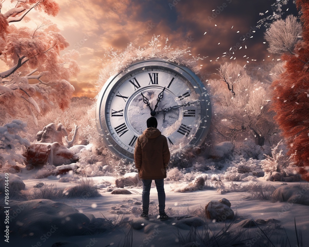 Person in a frosty scene, stylishly checking time, warmth vs cold theme ...