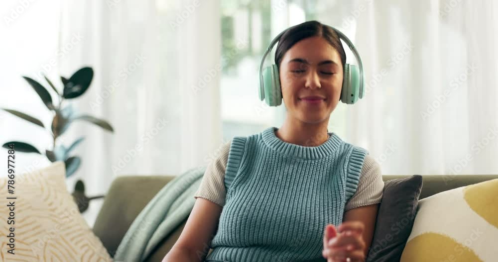 Streaming music, home and woman with headphones, dancing and digital ...
