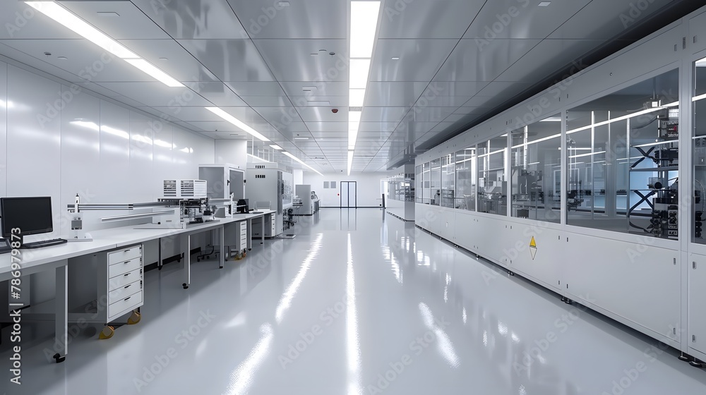 Bright Advanced Semiconductor Production Cleanroom with Overhead Wafer ...