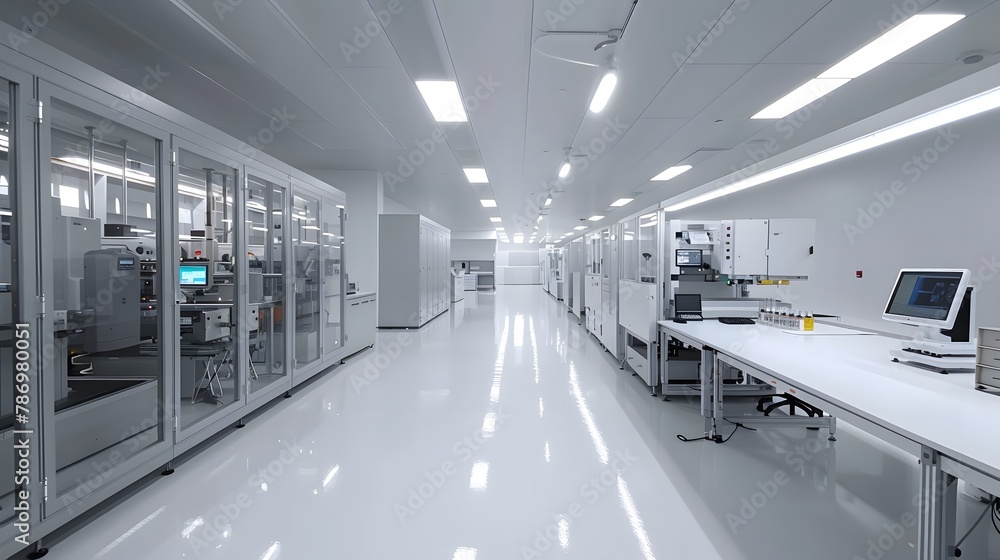 Bright Advanced Semiconductor Production Cleanroom with Overhead Wafer ...