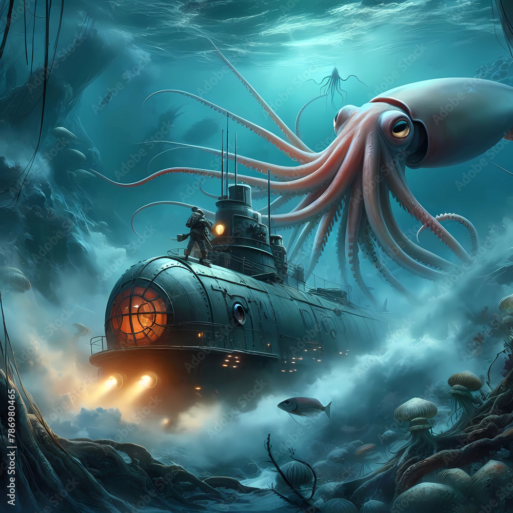 submarine giant squid attack Stock Illustration | Adobe Stock