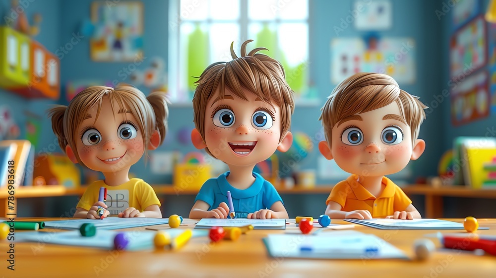 Cartoon kids learning in a classroom setting, 3D style, vibrant ...