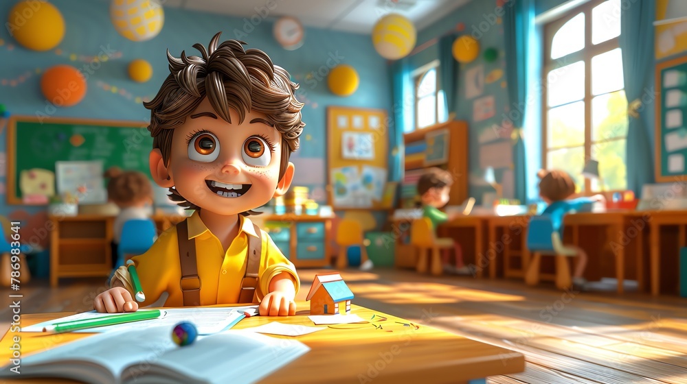 Cartoon kids learning in a classroom setting, 3D style, vibrant ...