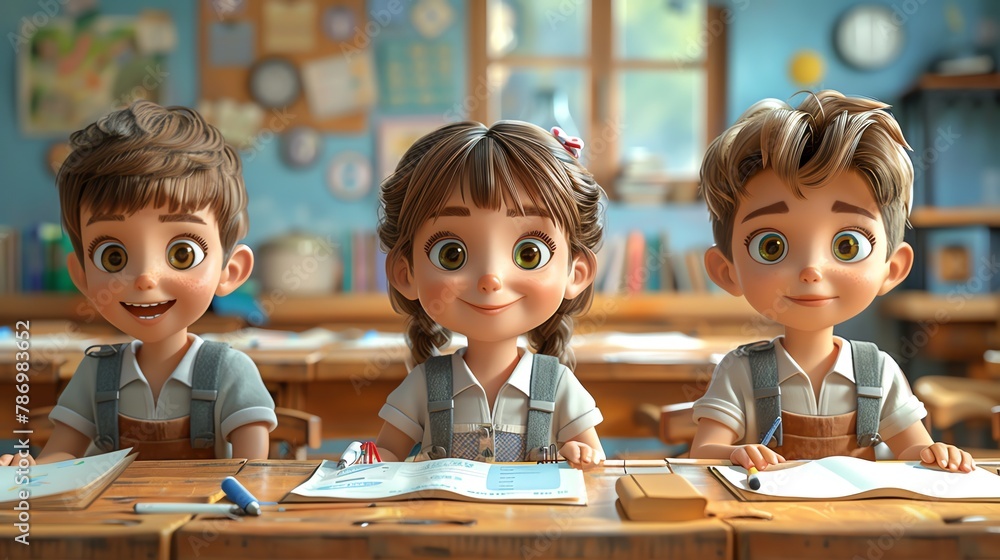 Cartoon kids learning in a classroom setting, 3D style, vibrant ...