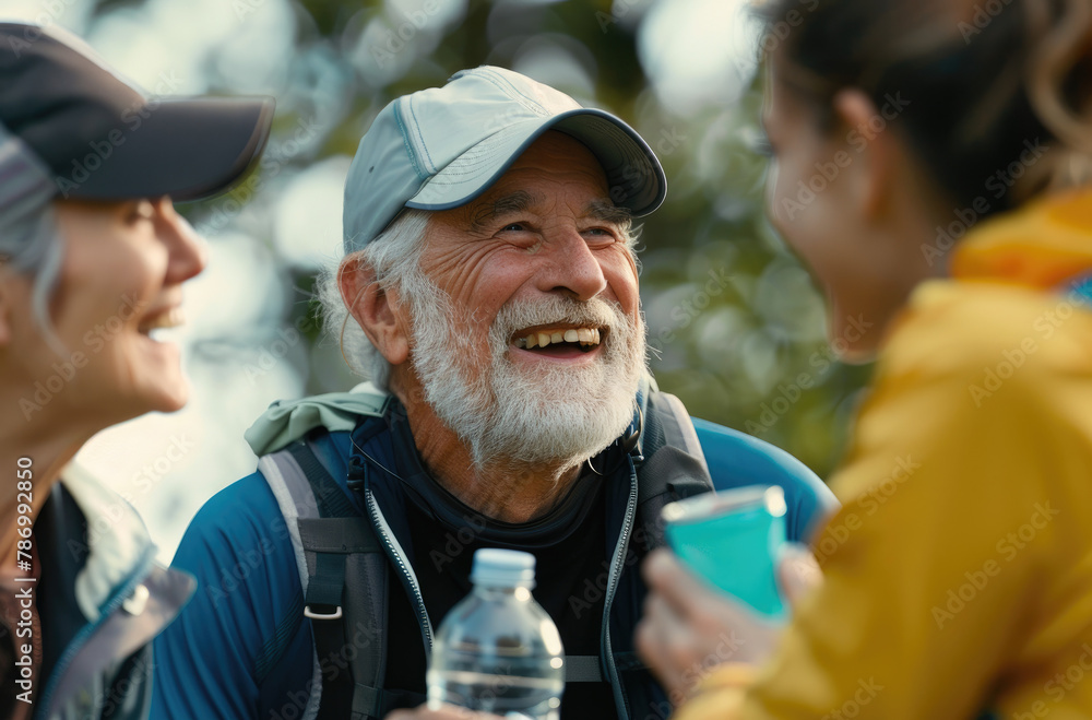 A group of senior friends laughing and smiling while wearing sports ...