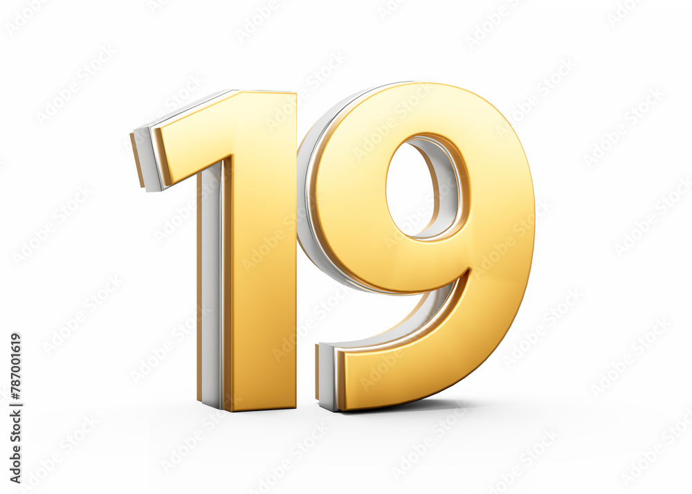 3D Golden Shiny Number 19 Nineteen With Silver Outline Isolated On ...