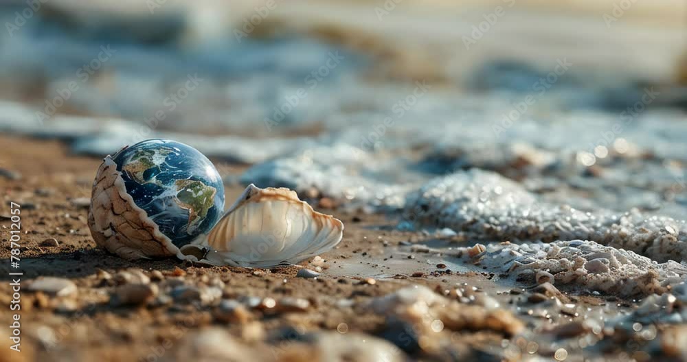 Vidéo Stock Up-close view of fragile seashell on shoreline at high tide ...