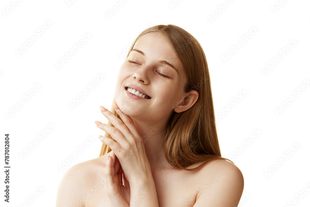 Woman gently touching her skin after beauty treatments against white ...