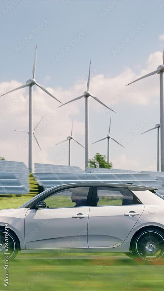 Generic autonomous electric car driving through a vibrant green ...