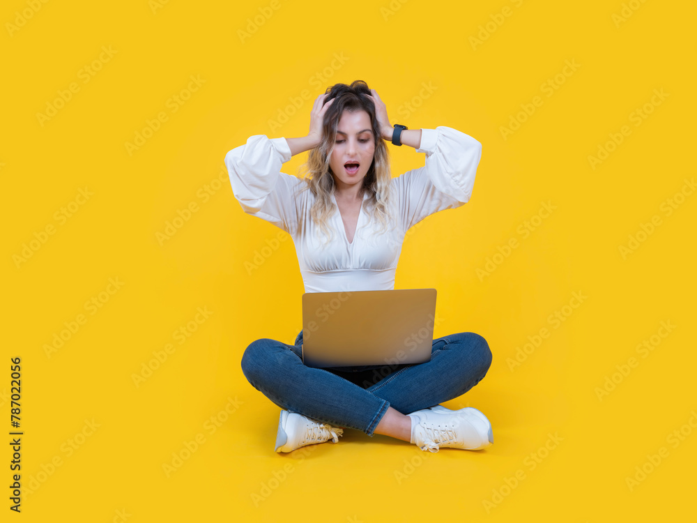 Trouble with laptop, full body frustrated shocked woman trouble with ...