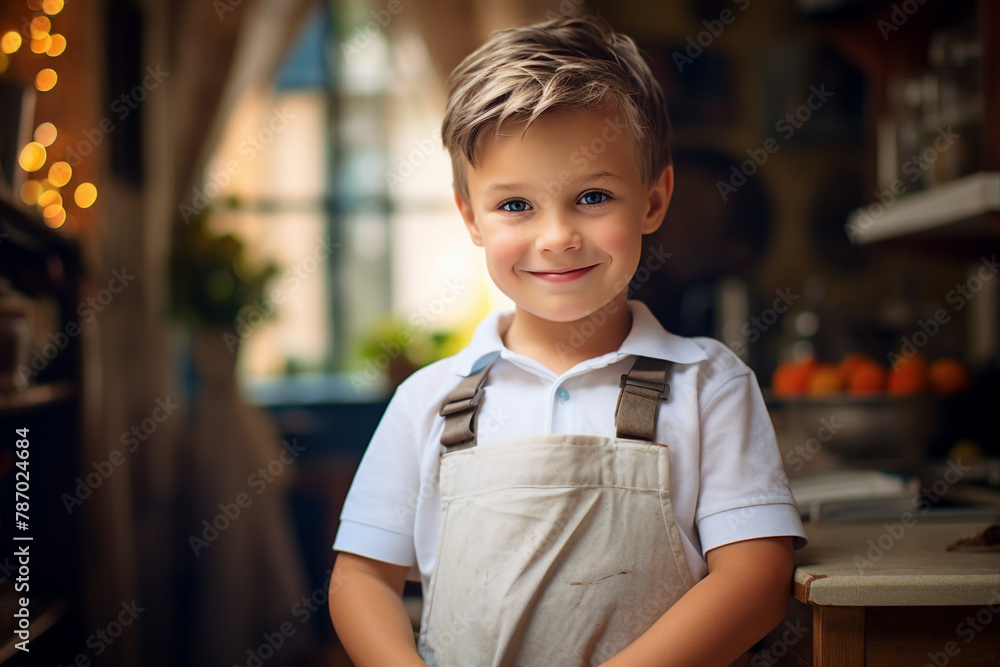 AI generated photo of cute small little chef child in the kitchen Stock ...
