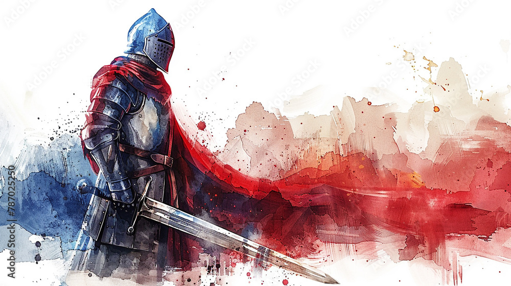 red , white and blue, armour clad medieval knight with long sword ...