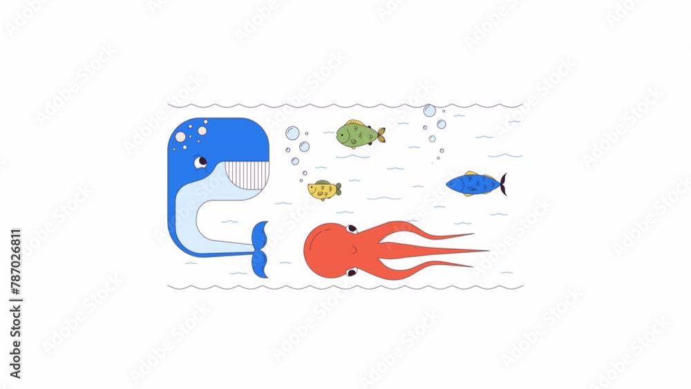 Exploring deep sea creatures line 2D characters animation. Amazing ...