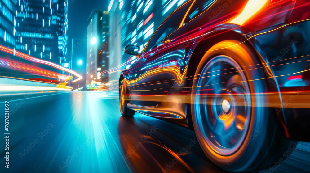 Rear view of Futuristic Car with high fast and speed through neon mega ...