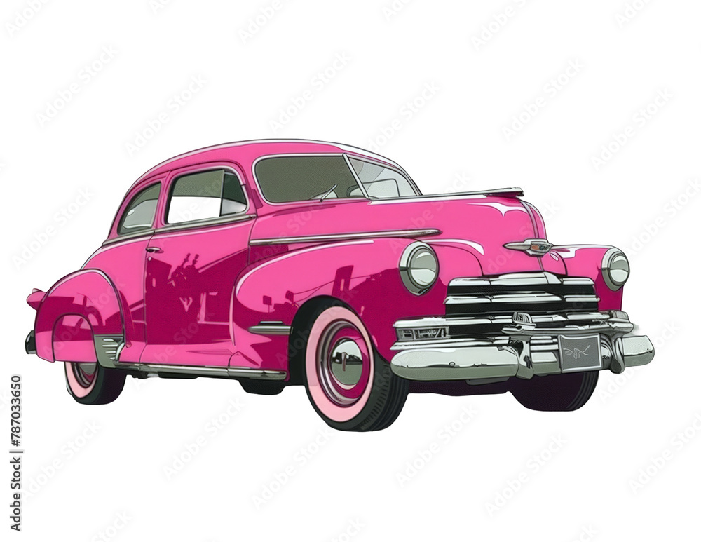 Retro car, side view, isolated on transparent background. Classic pink ...