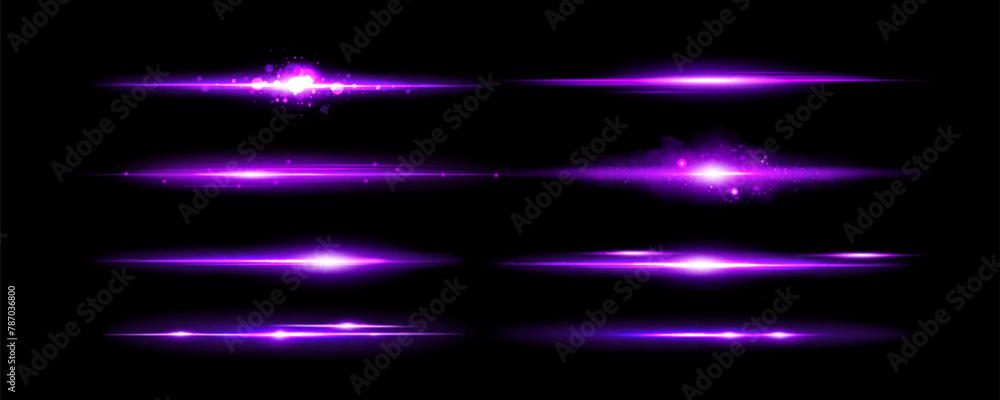 Purple light lines set isolated on black background. Vector realistic ...