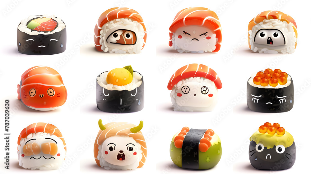 Collection of 3D cute cartoon different types of sushi, with different ...