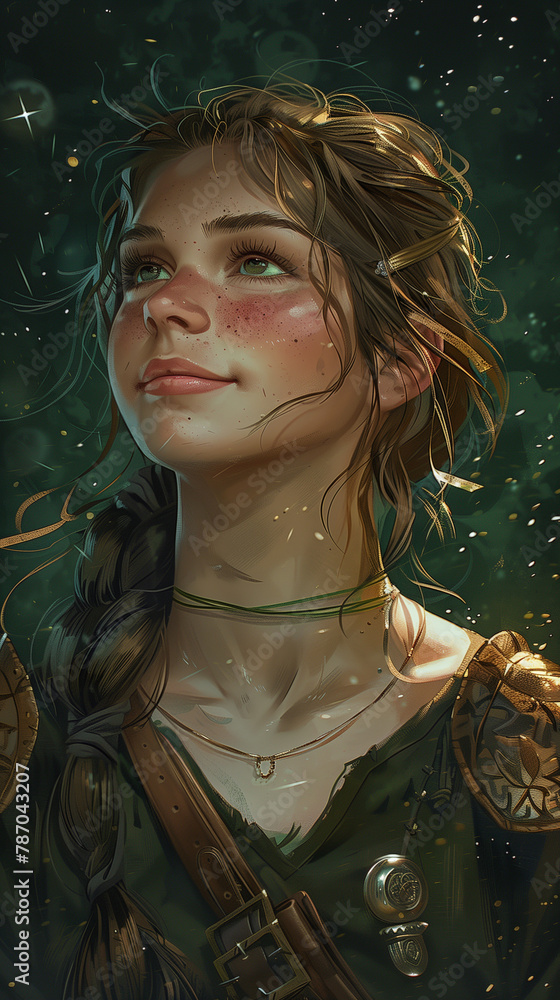 human druid adventurer, looking up at the stars, she has bright green ...