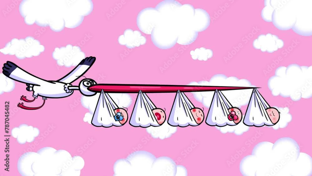Cartoon storks bringing quintuplets animation flying left to right. Big ...