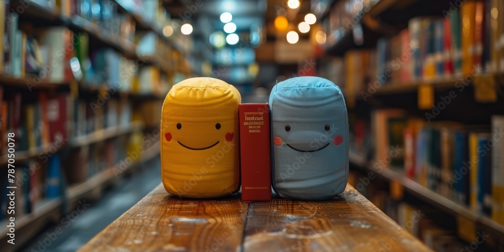 Cute minimalist bookstore with smiling book characters popping out of ...