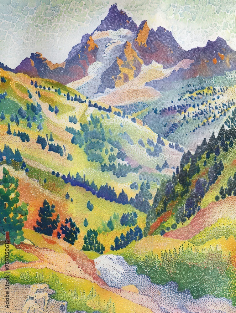 pointillism mountain landscape, in the style of Seurat, muted colours ...